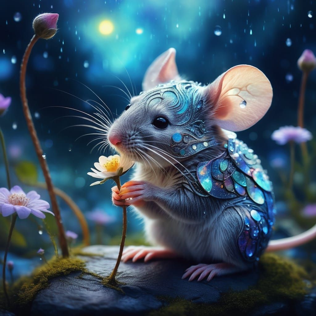 Vibrant Cosmic Mouse Holds Delicate Flower on Rain... - AI Art