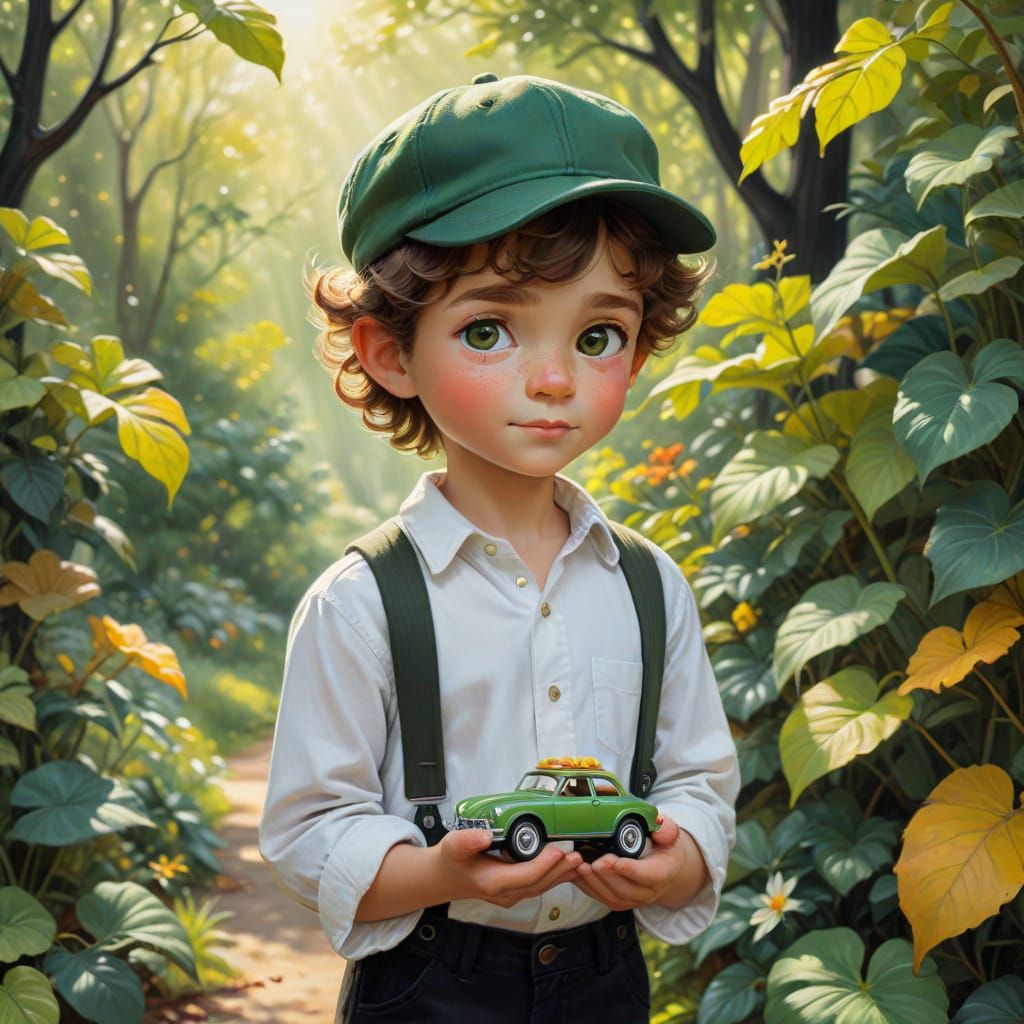 Whimsical Boy in Sunlit Garden with Lush Greens an... - AI Art