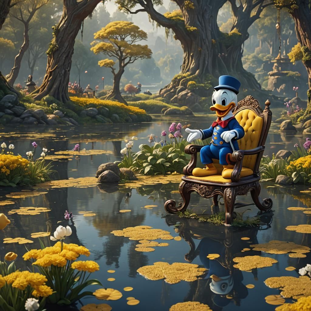 Donald Duck riding on a Mickey Mouse chair ik a lake of mustard - AI ...