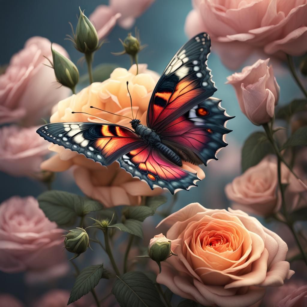 Butterfly and Roses - Butterfly on Rose: Digital Matte Paint...