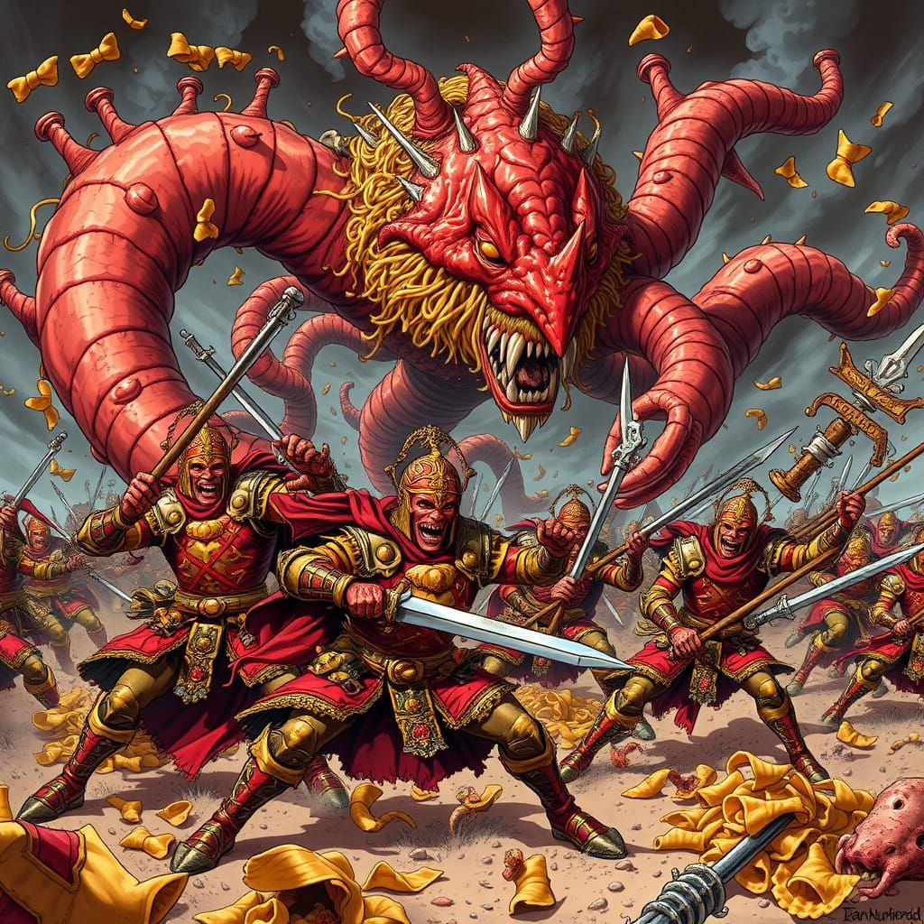 Pasta Inquisition Fights Twisted Pasta Monsters in... - AI Art