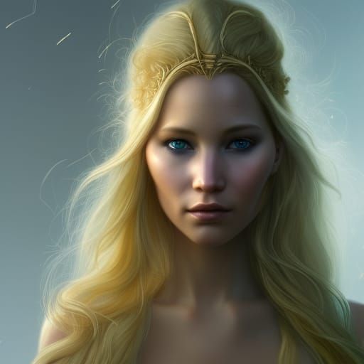 beautiful elven woman with long wavy goldenblonde hair. the face looks ...