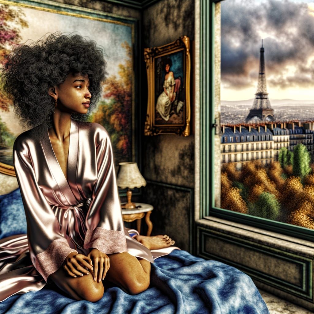 A Parisian curly mixed race woman in a silk robe in her bed looking by ...