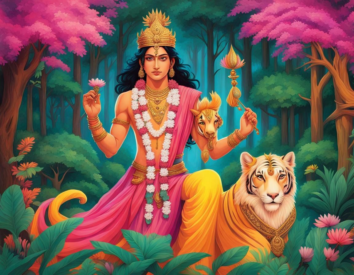 Imagine a vibrant depiction of Vishnu, adorned in a traditional Indian ...