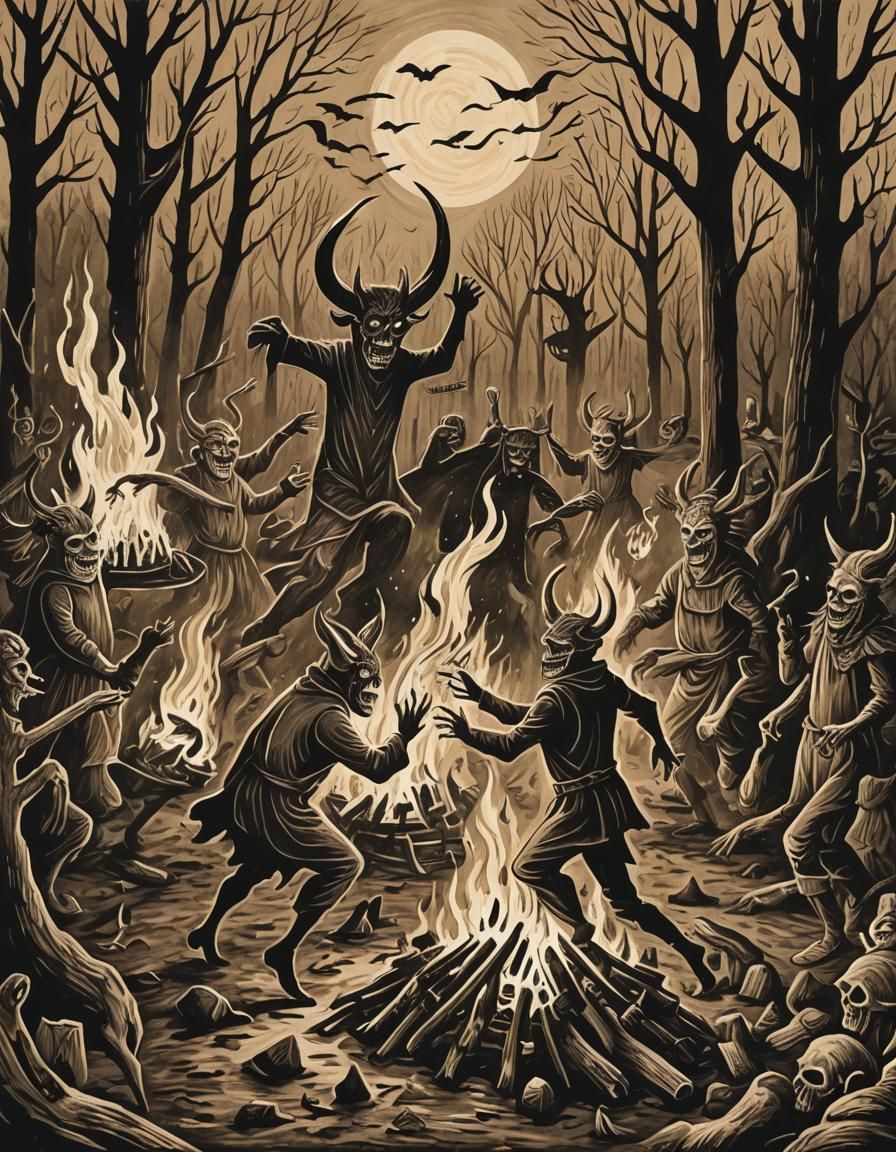 folk art woodcut horror devils dancing and flying around bonfire new-england witches sabbath ...