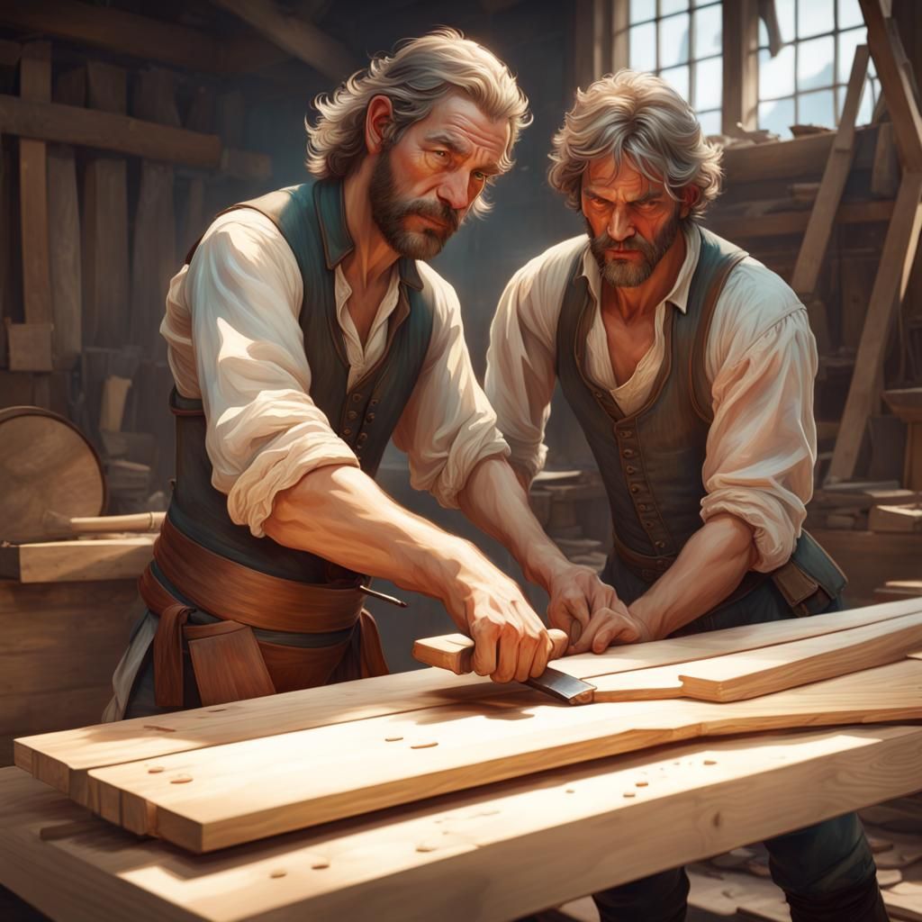 Two carpenters measuring sawed lumber circia 1700's - AI Generated ...