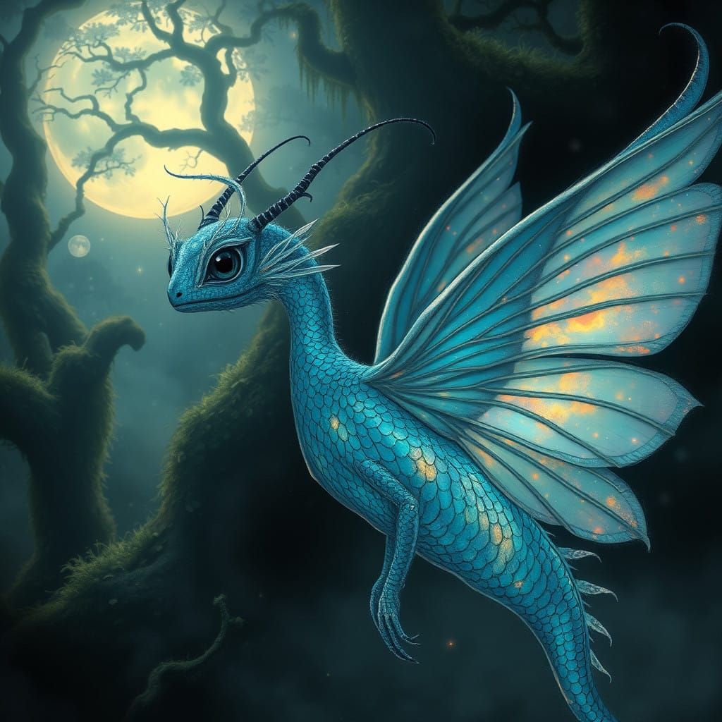 In the hushed twilight beneath moss-draped trees, an iridescent ...