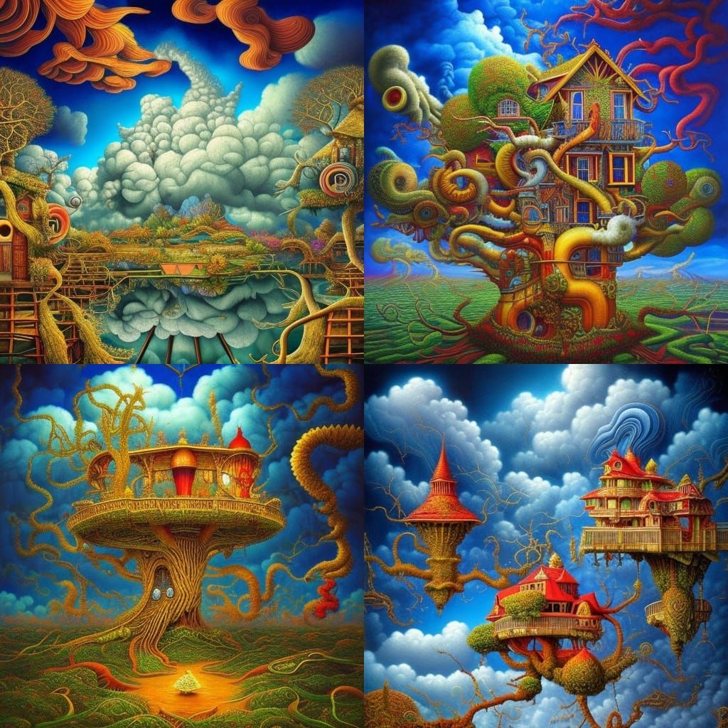 treehouse with red highlights, fantastical surrealist otherworldly ...