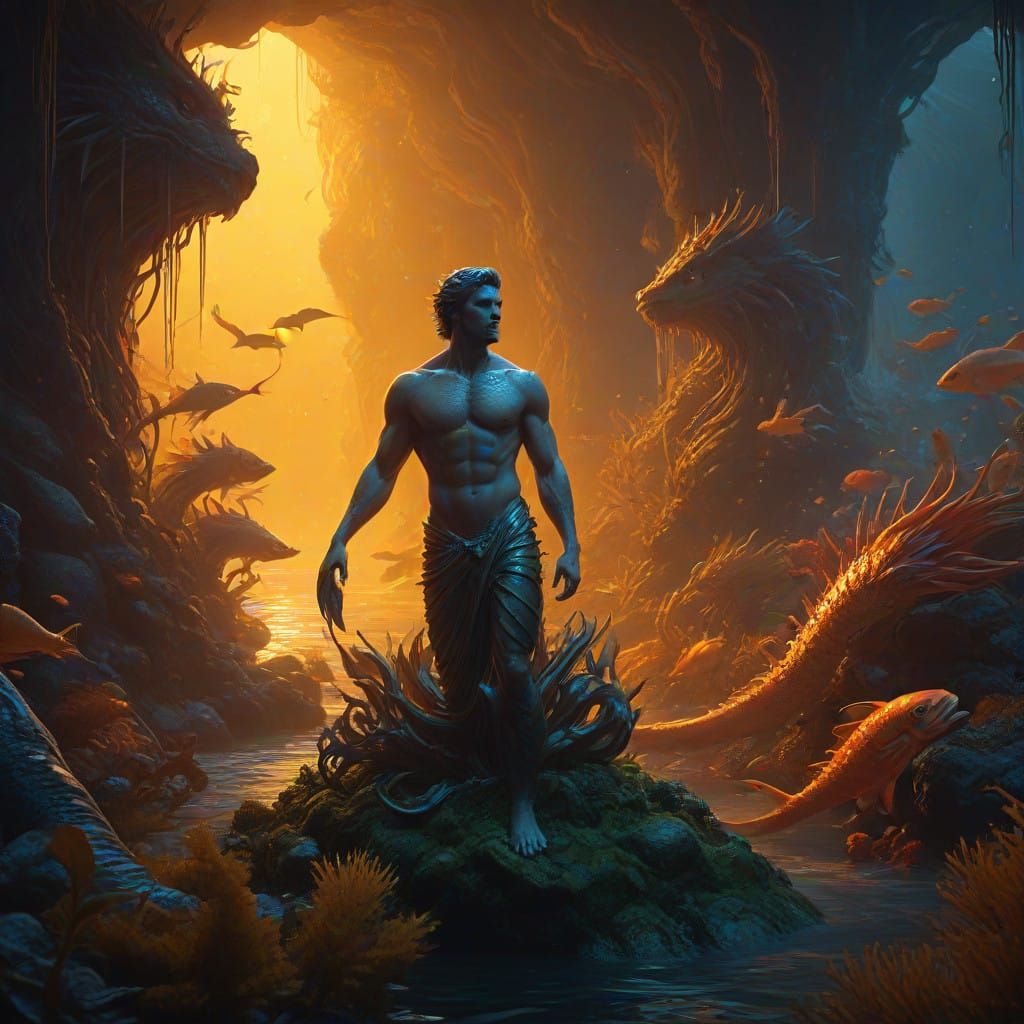 Surreal Merman Epic in Vibrant, Polychromatic Graf... - AI Art