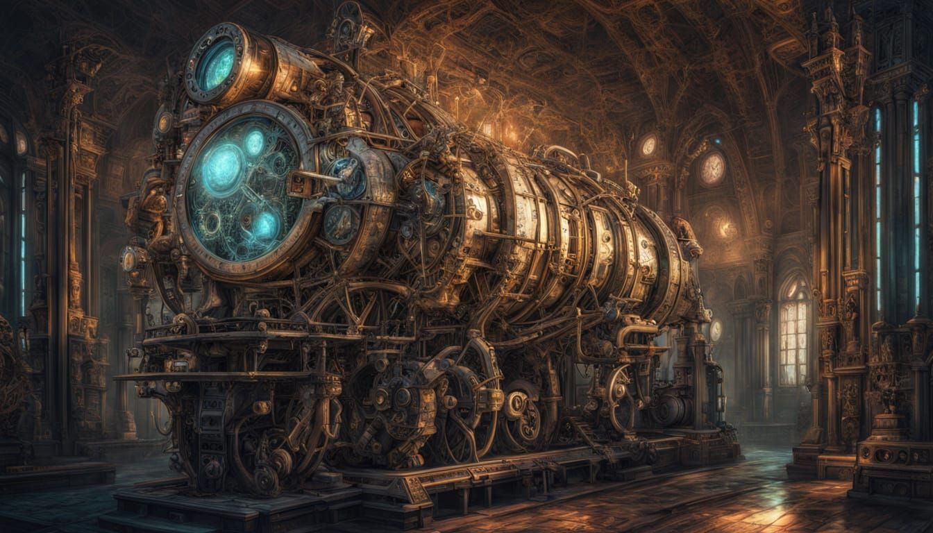 Steampunk Spaceship Library with Celestial Map - AI Art