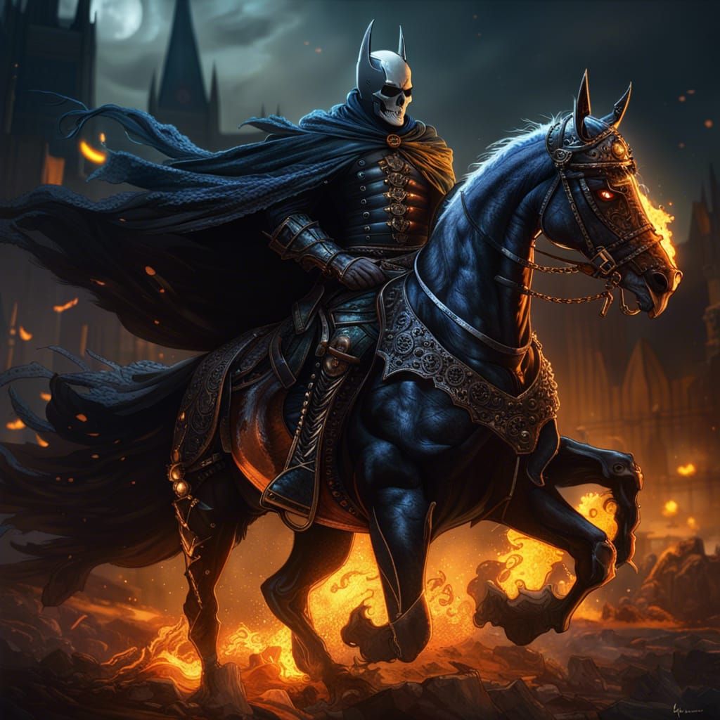 A perfect mix of Medieval Ghost Rider and Medieval Batman on a horse, a ...