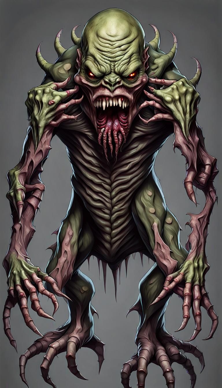 Full body shot of a multi-mouth humanoid monster, an horrific eldritch ...