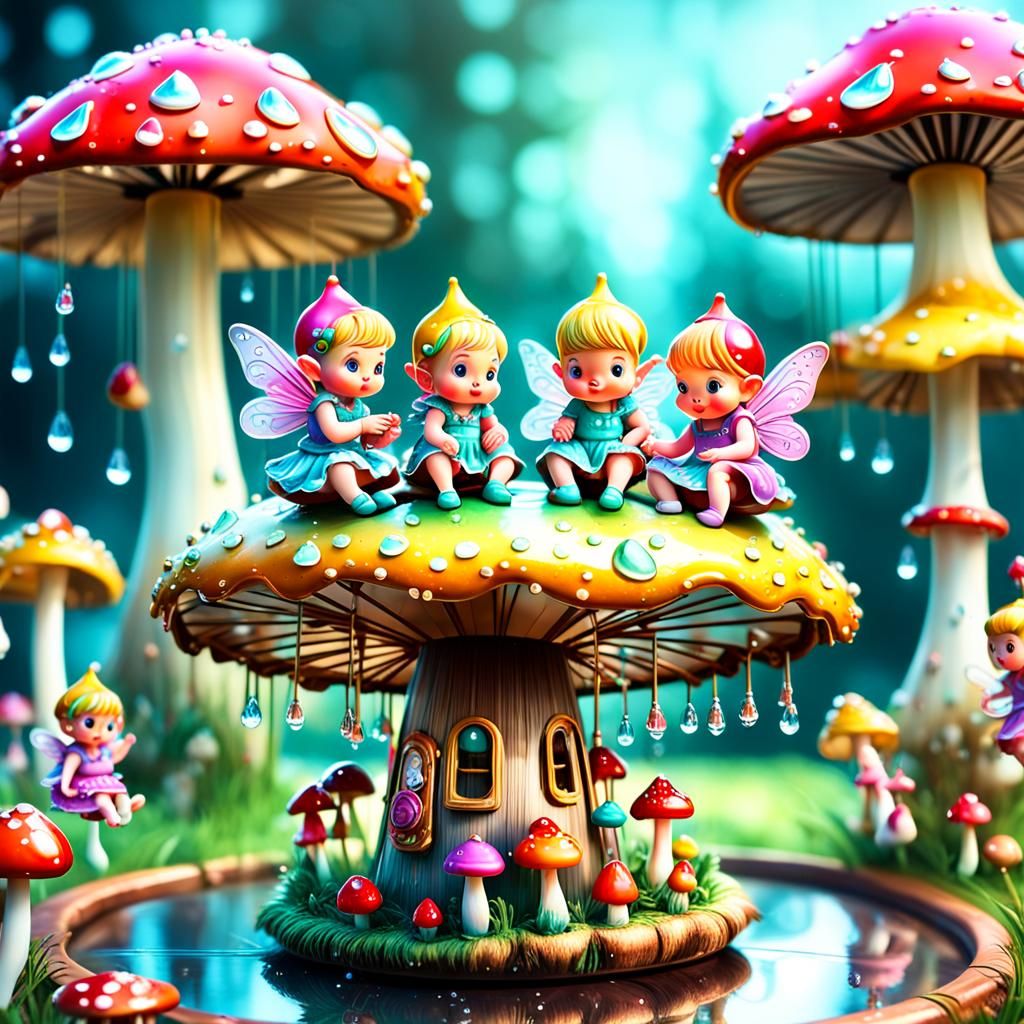 Vibrant Fairy Babies Ride a Whimsical Mushroom Car... - AI Art