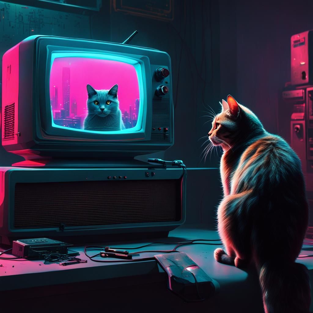Cat watching an old crt tv in a futuristic cyberpunk apartment. - AI ...