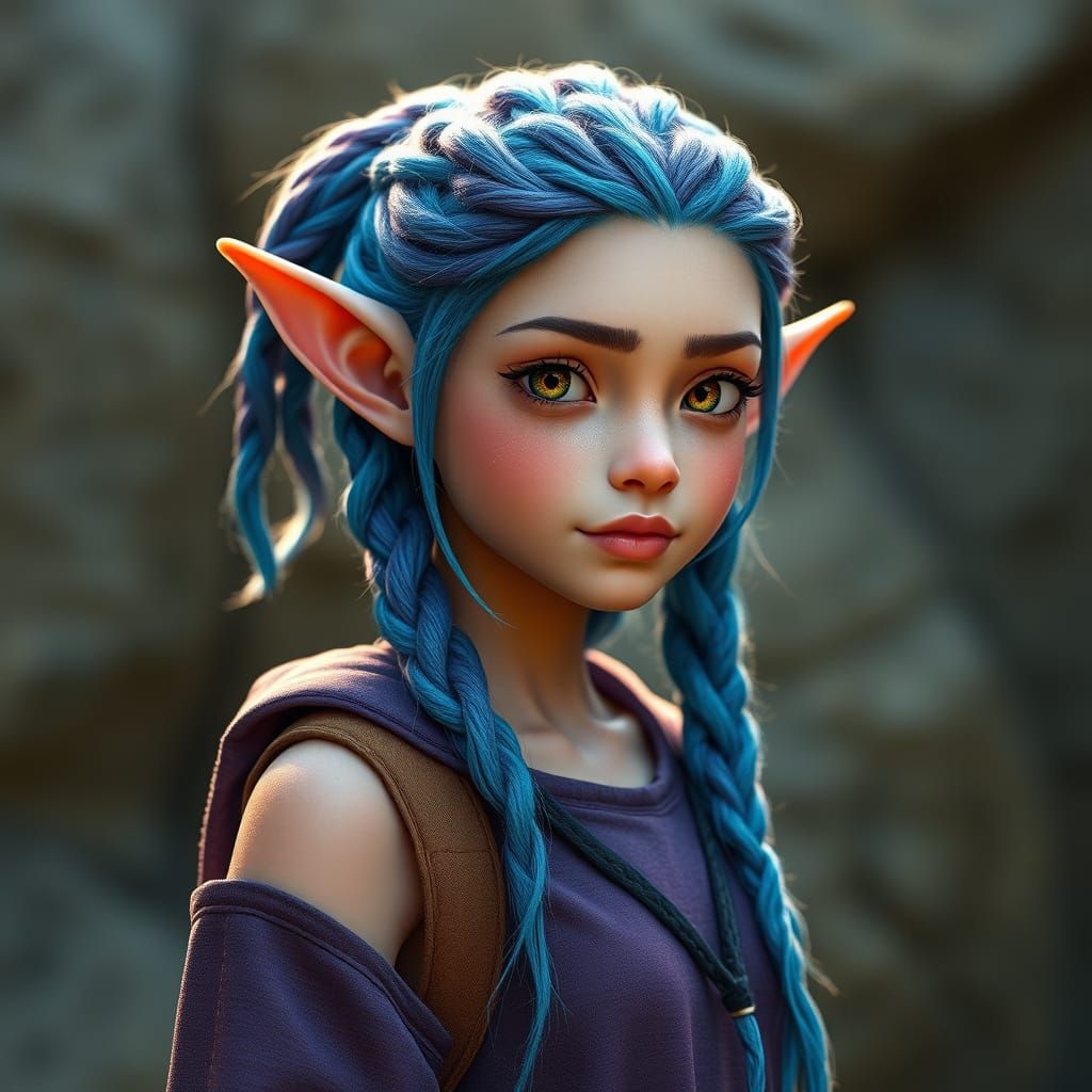 Maidenly Elf with Tomboyish Charm and Vibrant Lock... - AI Art