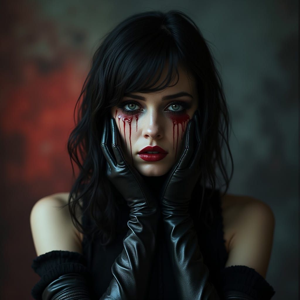 Goth woman in dark makeup, wearing leather gloves and boots. It appears ...