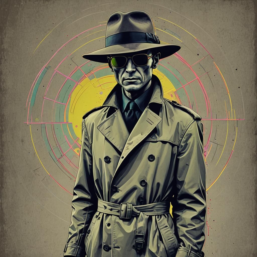 A Decteive in a Fedora hat and trench coat. moody neon of the Alien ...
