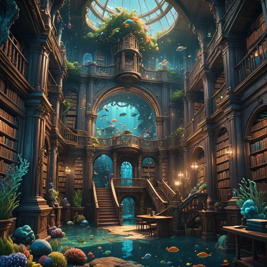 Ancient Library Under the Sea - AI Generated Artwork - NightCafe Creator