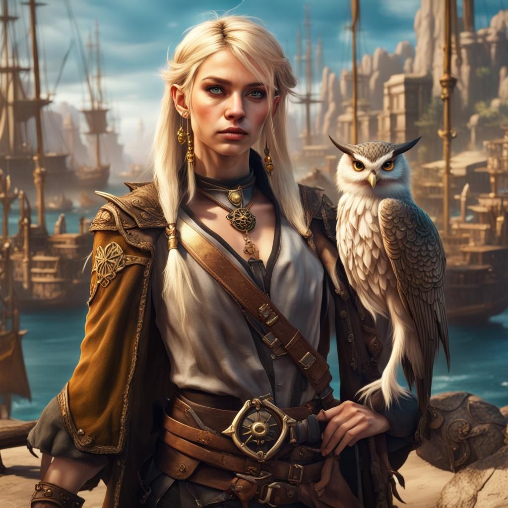 Blonde Elf adolescent female wears a gold choker collar and pirate ...