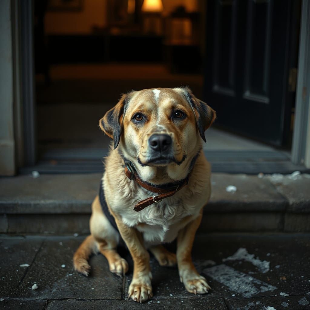 A Shivering Dog's Hopeful Gaze in the Rain - AI Art