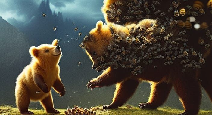 little bear cub standing over a broken beehive, with bees flying ...