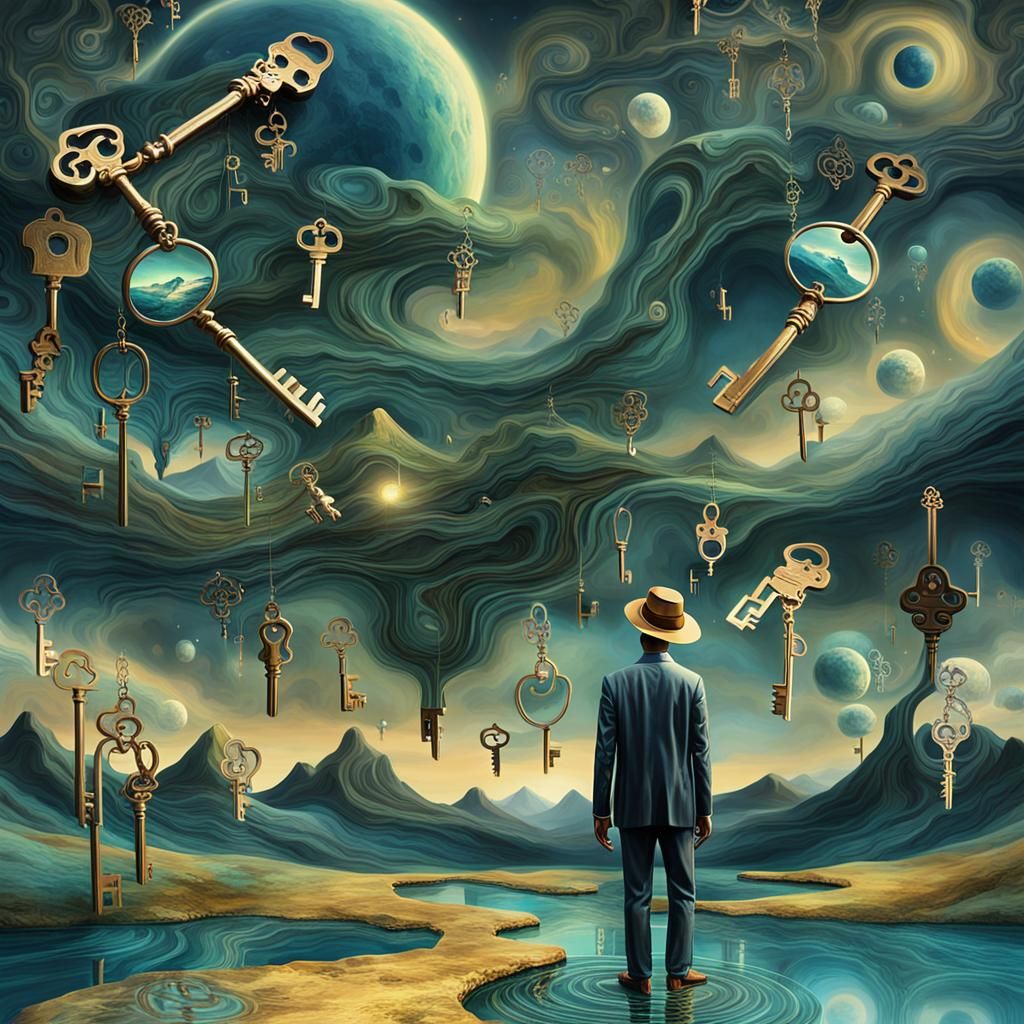 a surreal digital art piece depicting keys floating in a dreamlike ...