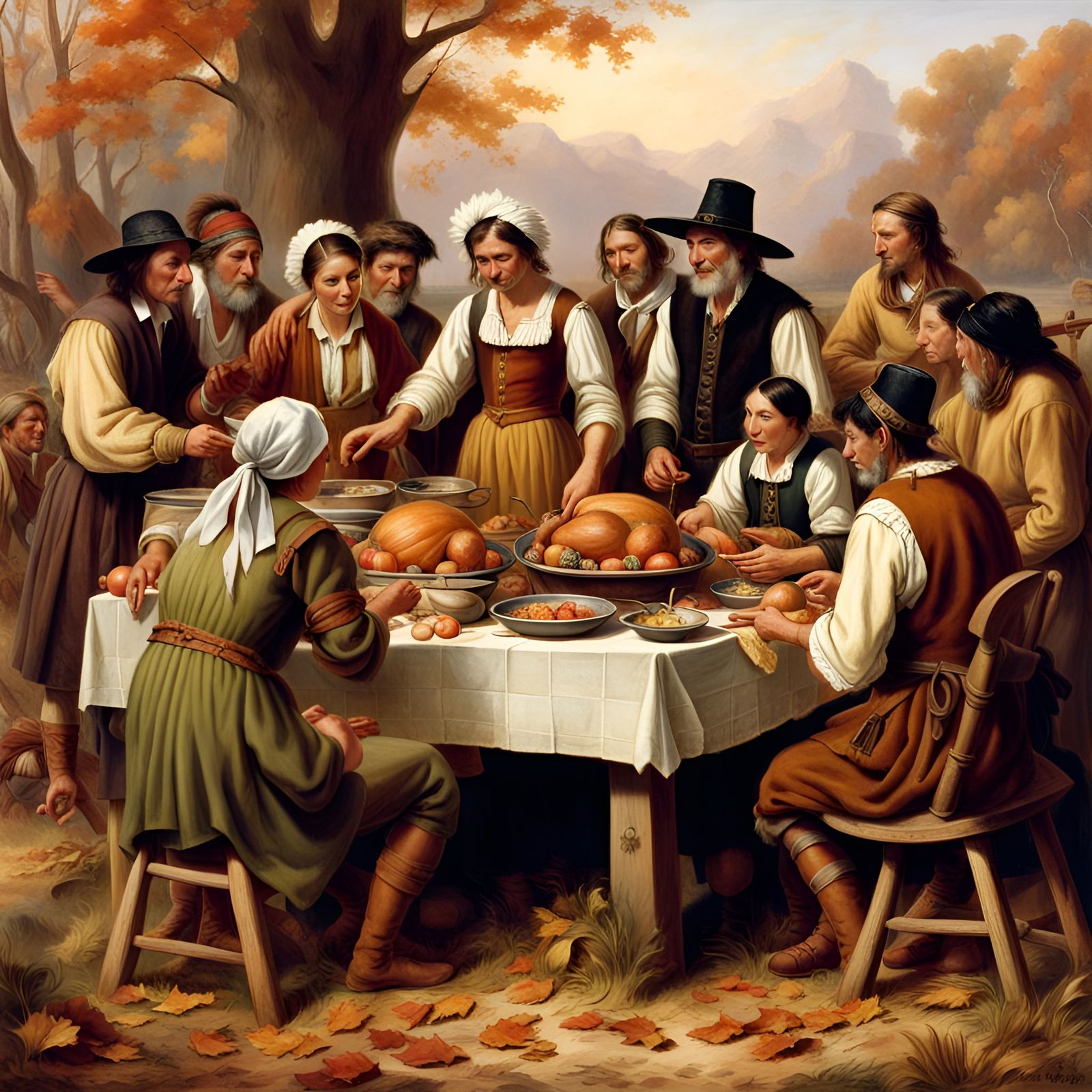 Pilgrims and Indians at the first Thanksgiving table # 402 - AI Generated Artwork - NightCafe ...