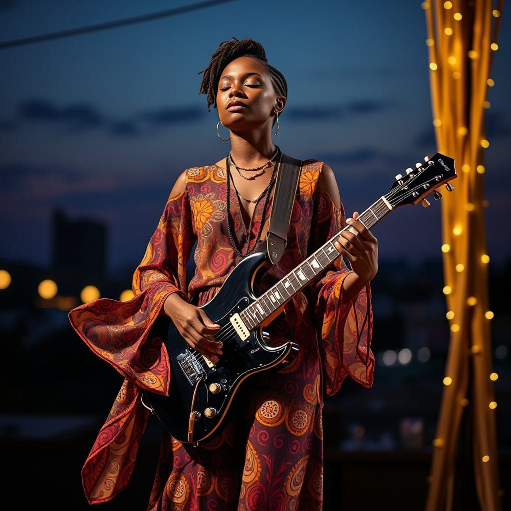 Confident Boho Musician Plays Electric Guitar Unde... - AI Art