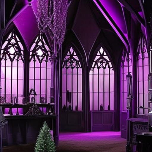 Gothic she shed painted black with purple trimming& decorated with ...