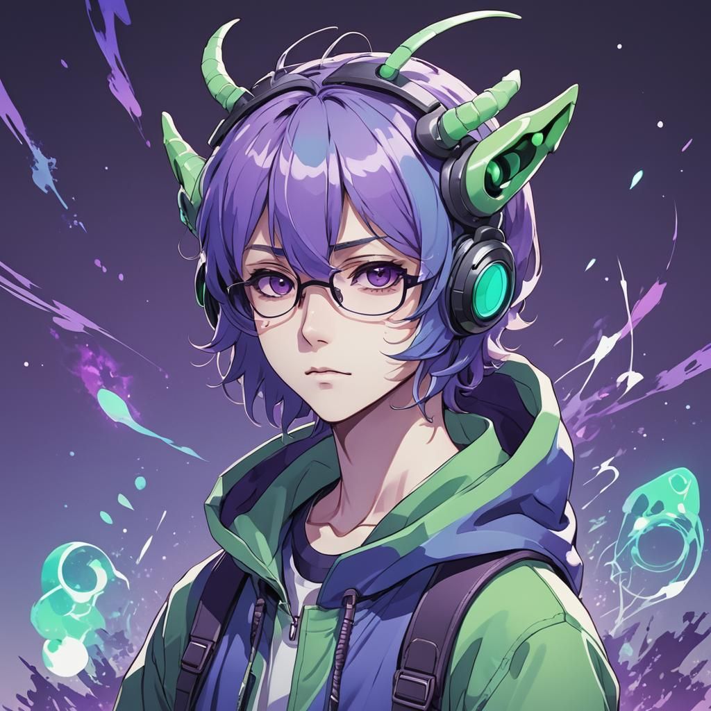 ghost vtuber boy in shades of purple, blue, and green. The character ...