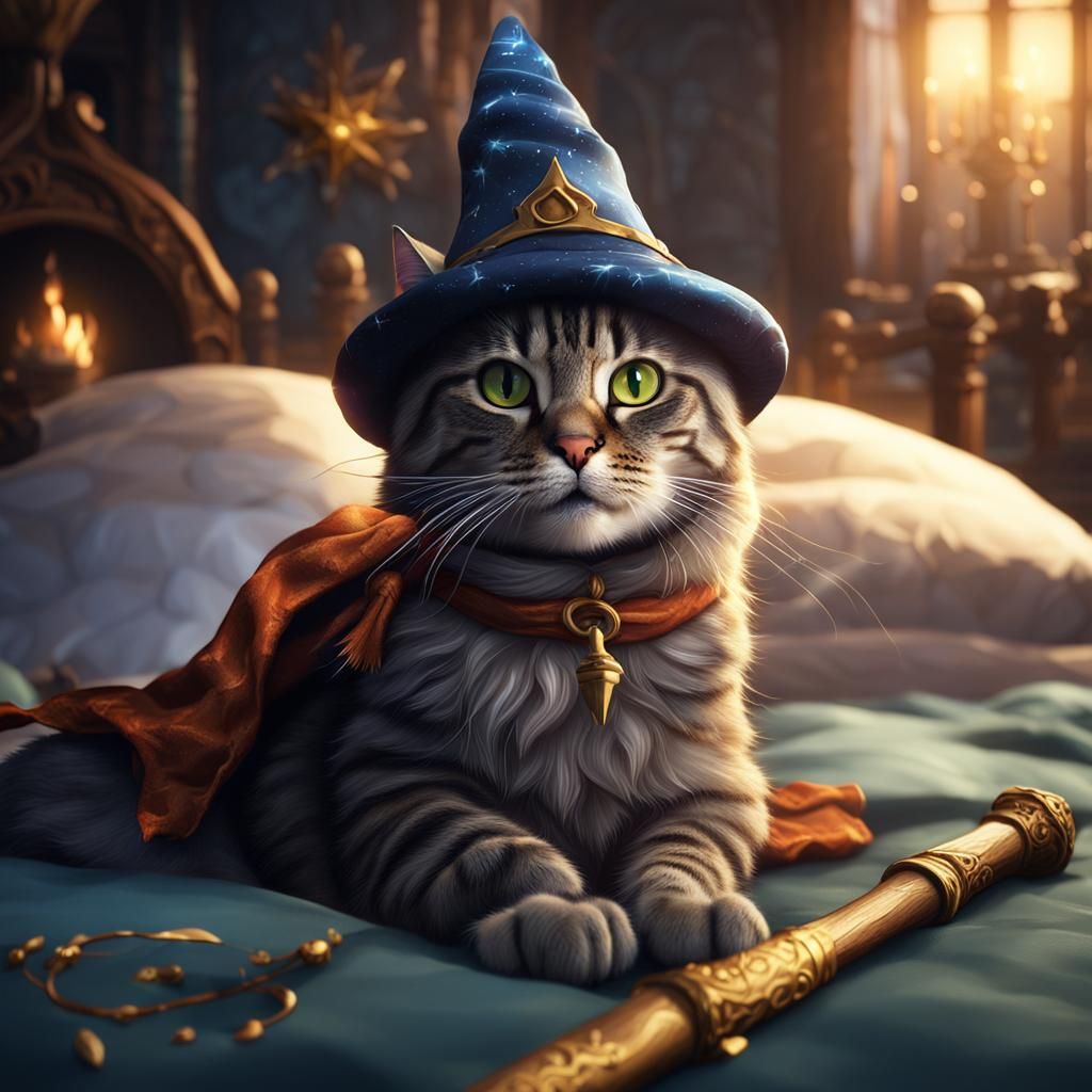 a cat in wizard hat, on bed with wand - AI Generated Artwork ...