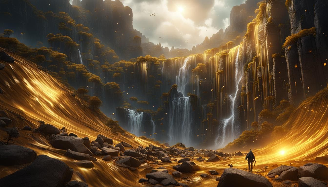 A giant cascade of gold fell down into the ground in a cinematic ...