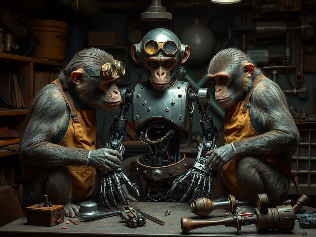 Working - Three Monkeys Tinker with Steampunk Robot in Dimly...