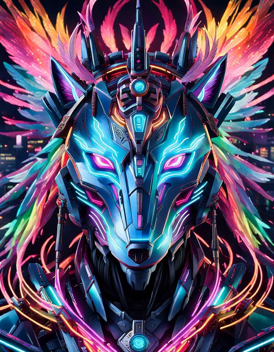 (masked robot magical fox with cyber protective mask, many demon ...