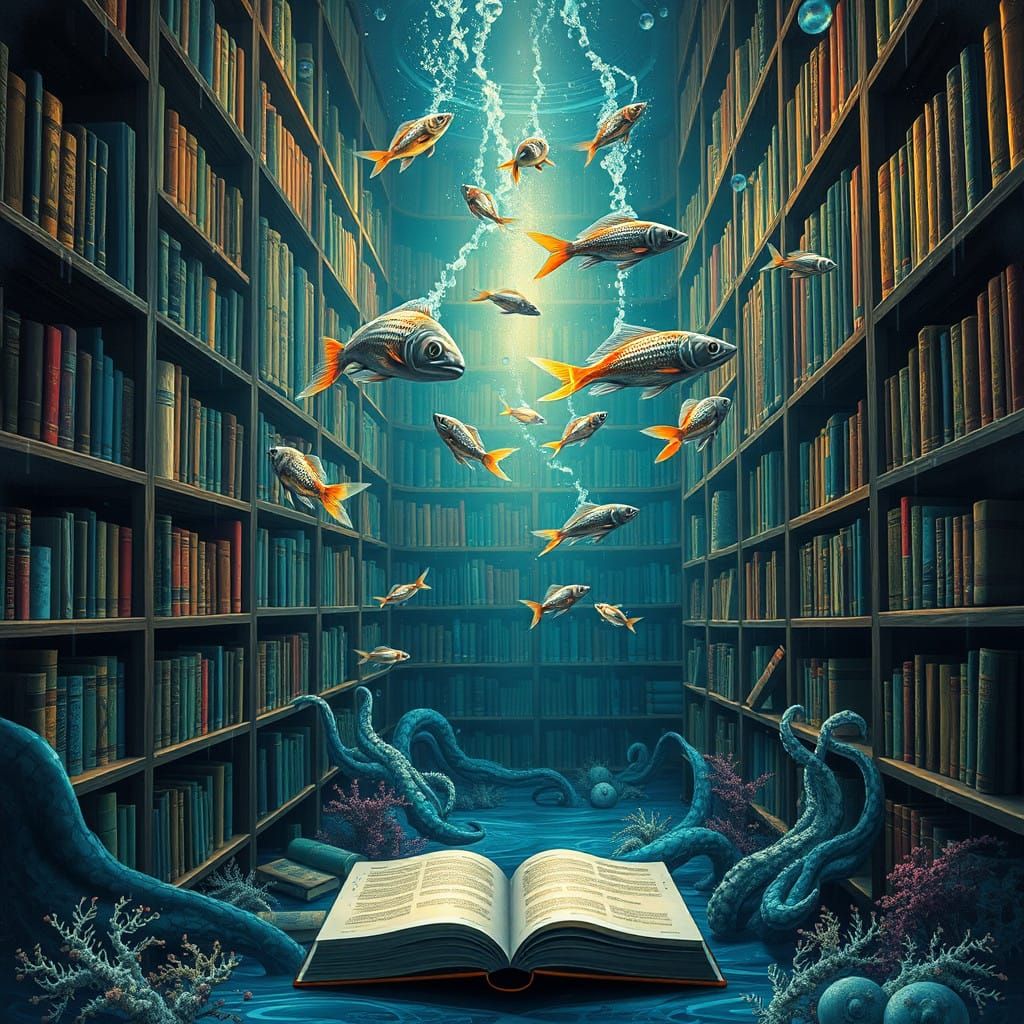 Surreal Oceanic Library Reimagines Ancient Tomes w... - AI Art