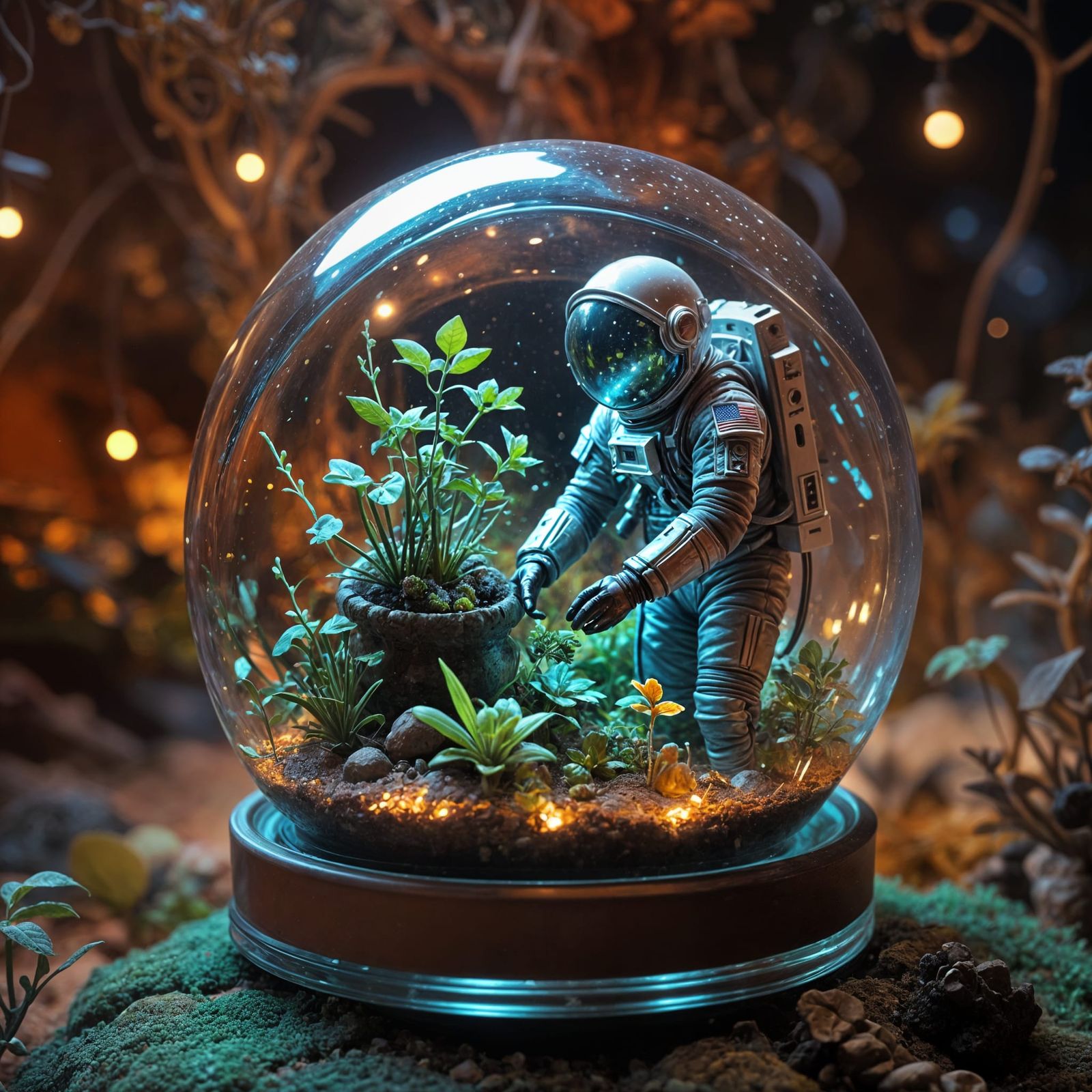 A miniature astronaut meticulously planting a vibrant garden inside a ...
