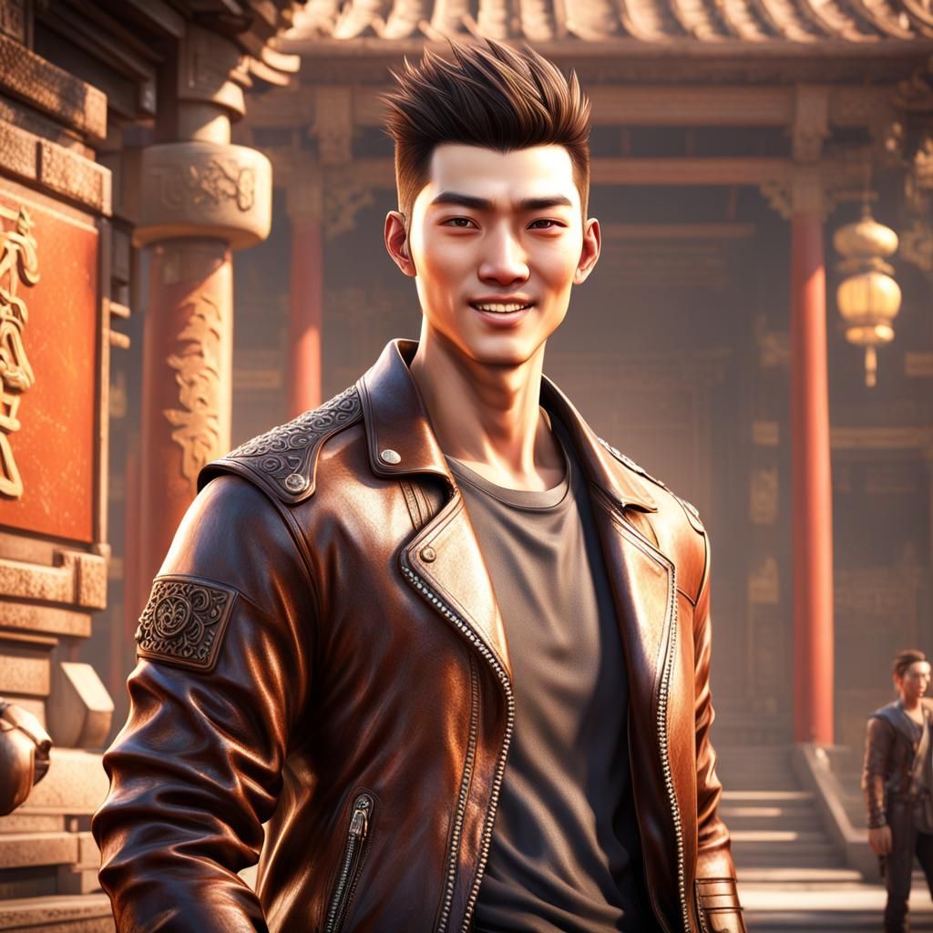 A sunny Chinese teenager , smile, large eyes, handsome, manly looks, no ...