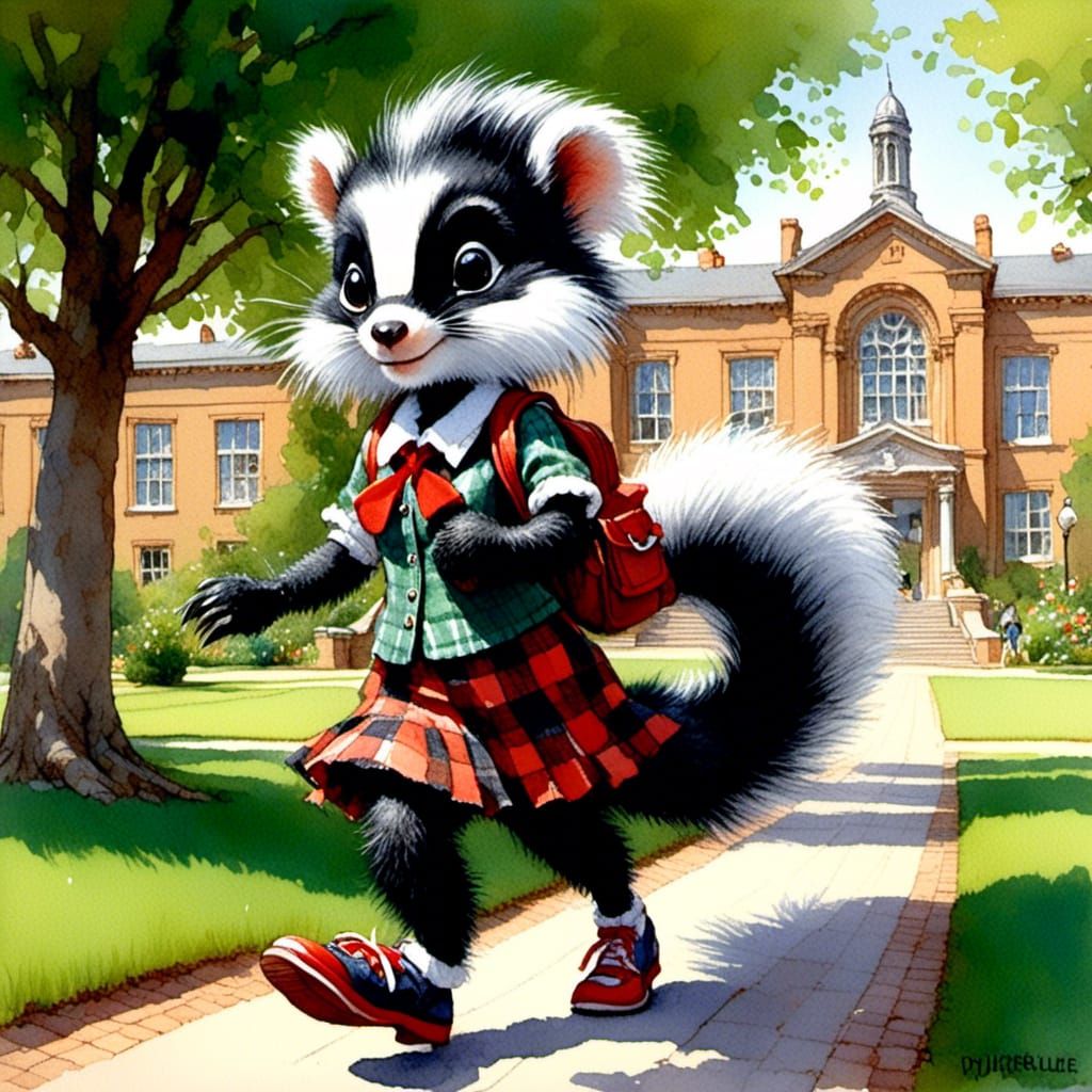 Coed anthropomorphic skunk on her way to her next class. - AI Generated ...