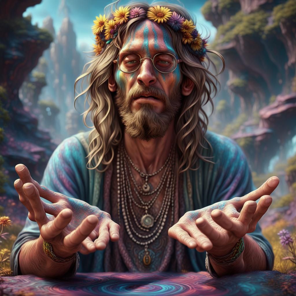 A hippie guy looking down at his hands while he’s melting tripping on ...