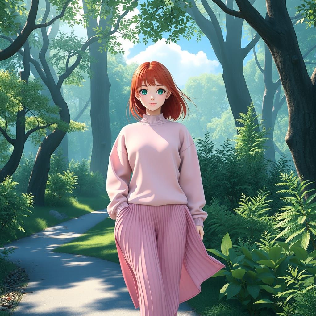 Peaceful Akane - Serene Red-Haired Woman in Lush Greenery