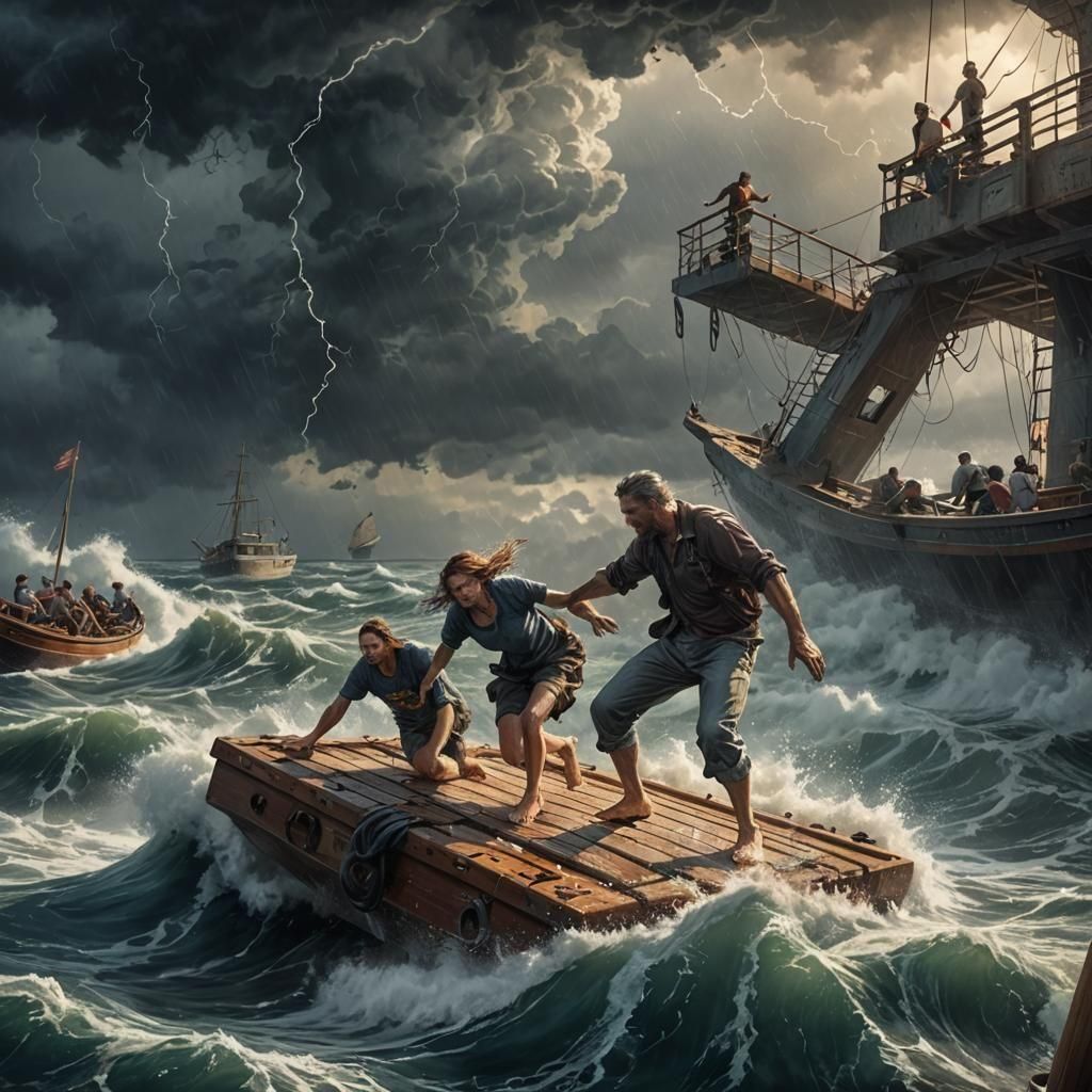 A barefoot man in torn pants and a torn T-shirt helps a drowning woman ...