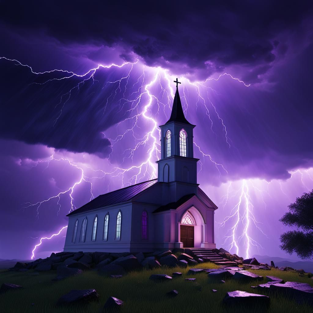 lightning strikes cross on old white churchon mountain , Glowing ...