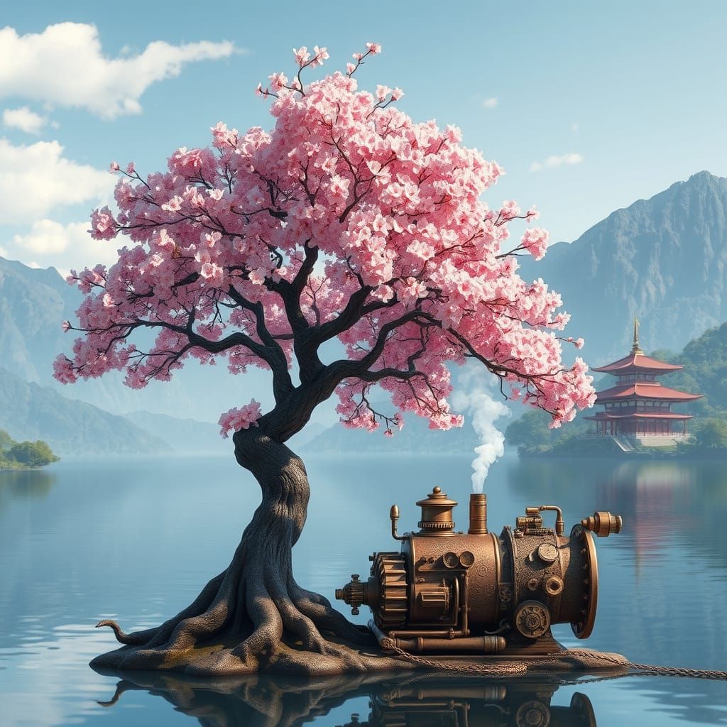 Sakura Tree in Steampunk Lake Landscape - AI Art