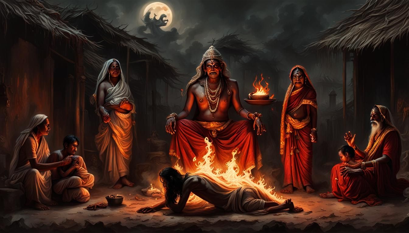 In a dark night in a village area of Bangladesh, an old tantric is ...