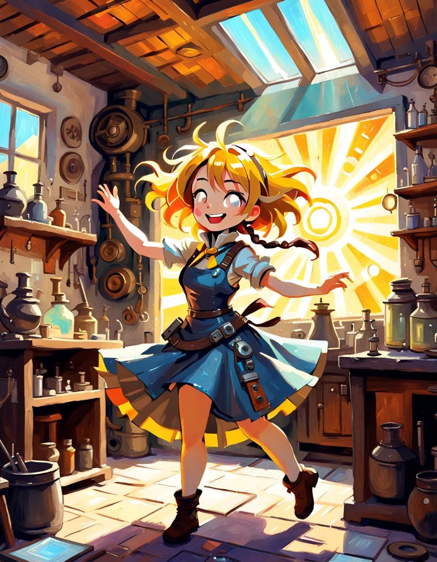 Look at that silly cute alchemist dancing happily in her workshop. - AI ...