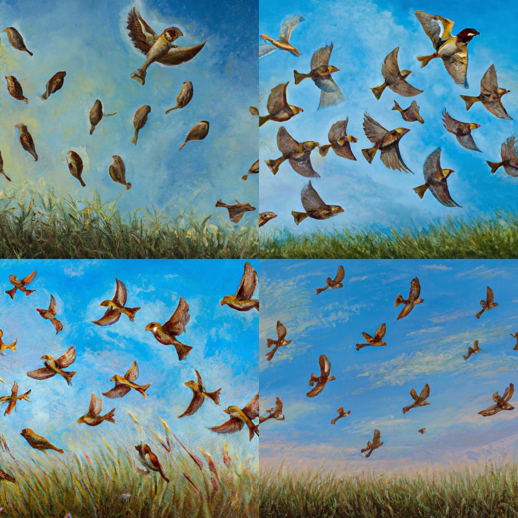 A mother sparrow and seven baby sparrows soar through the blue sky over ...