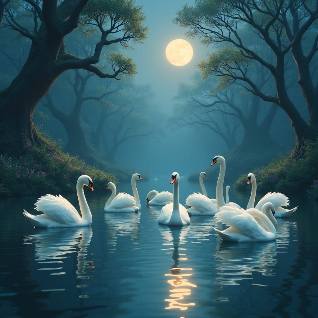 Seven Swans a Swimming - Majestic Swans in a Dreamlike, Moon...