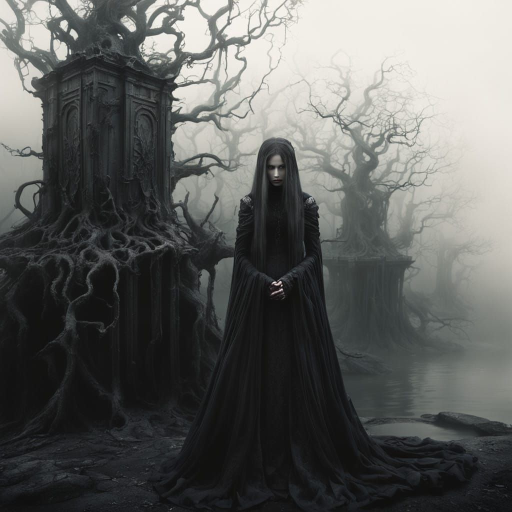 Ethereal Goth Fashion Model in a Surreal, Misty La... - AI Art