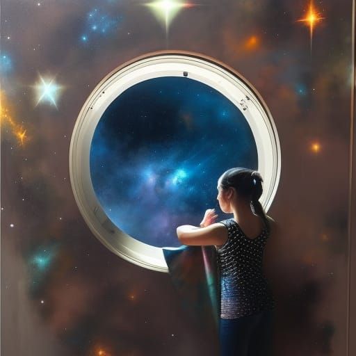 girl looking through open window!!!! stars!!! nebula!!! universe ...