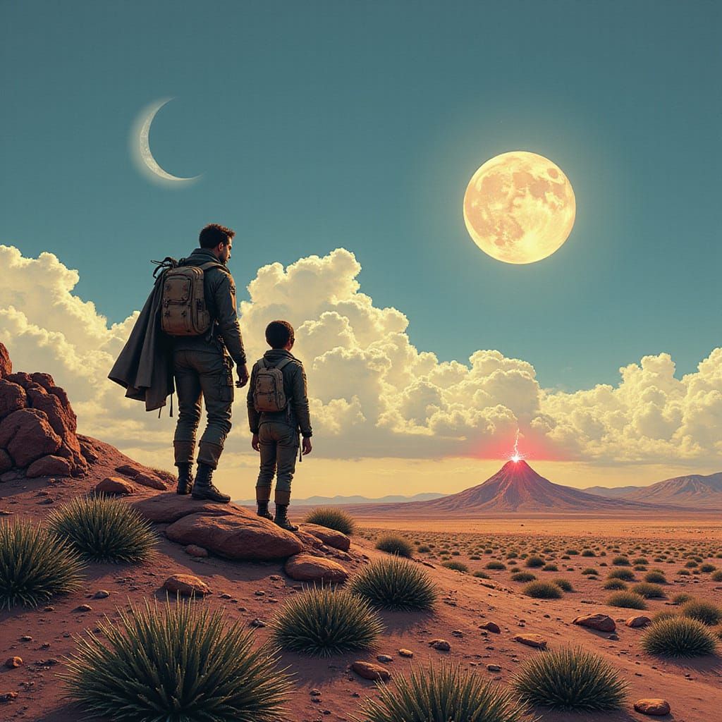 Alien Desert Planet With Twin Moons - AI Art